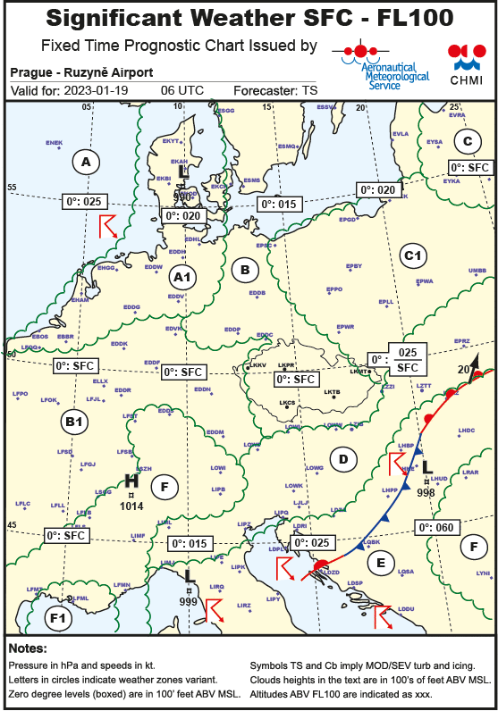 Odbor letecké meteorologie - mapa význačného počasí pro nízké hladiny